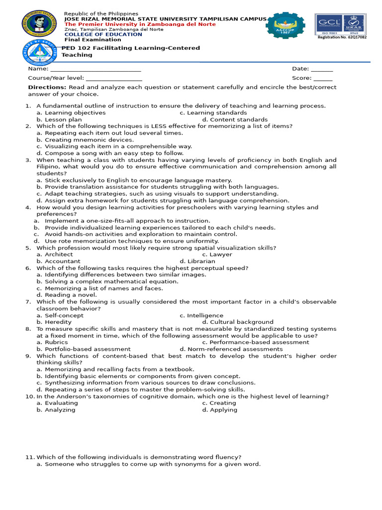 Test Paper Final Exam | PDF | Learning | Teachers