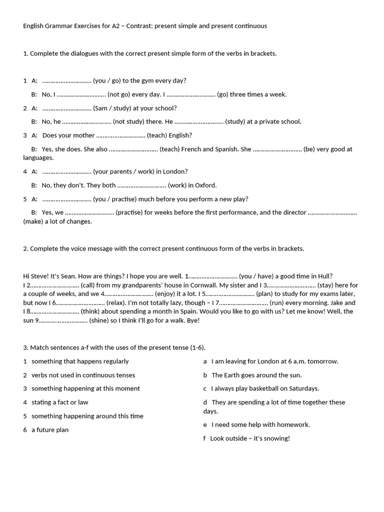 English Grammar Exercises For A2 - Present Simple Vs Continuous | PDF ...
