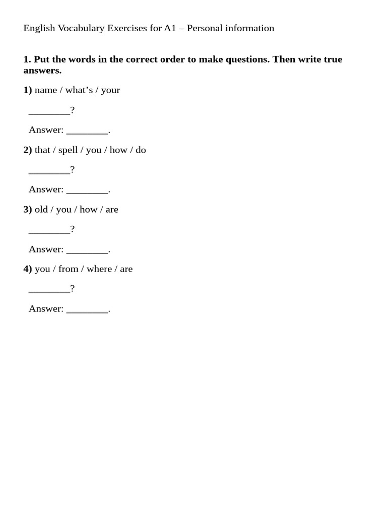 A1 English Vocabulary Exercises | PDF