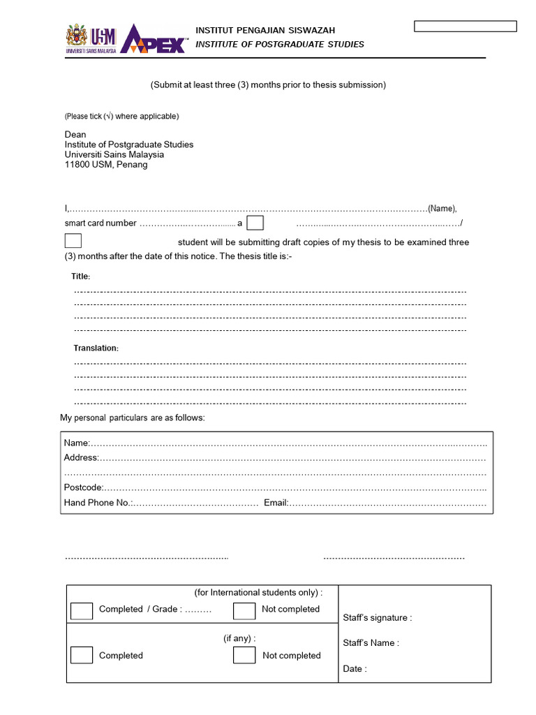 Dr. Goh1 Notice of Thesis Submission Form | PDF | Thesis | Educational ...
