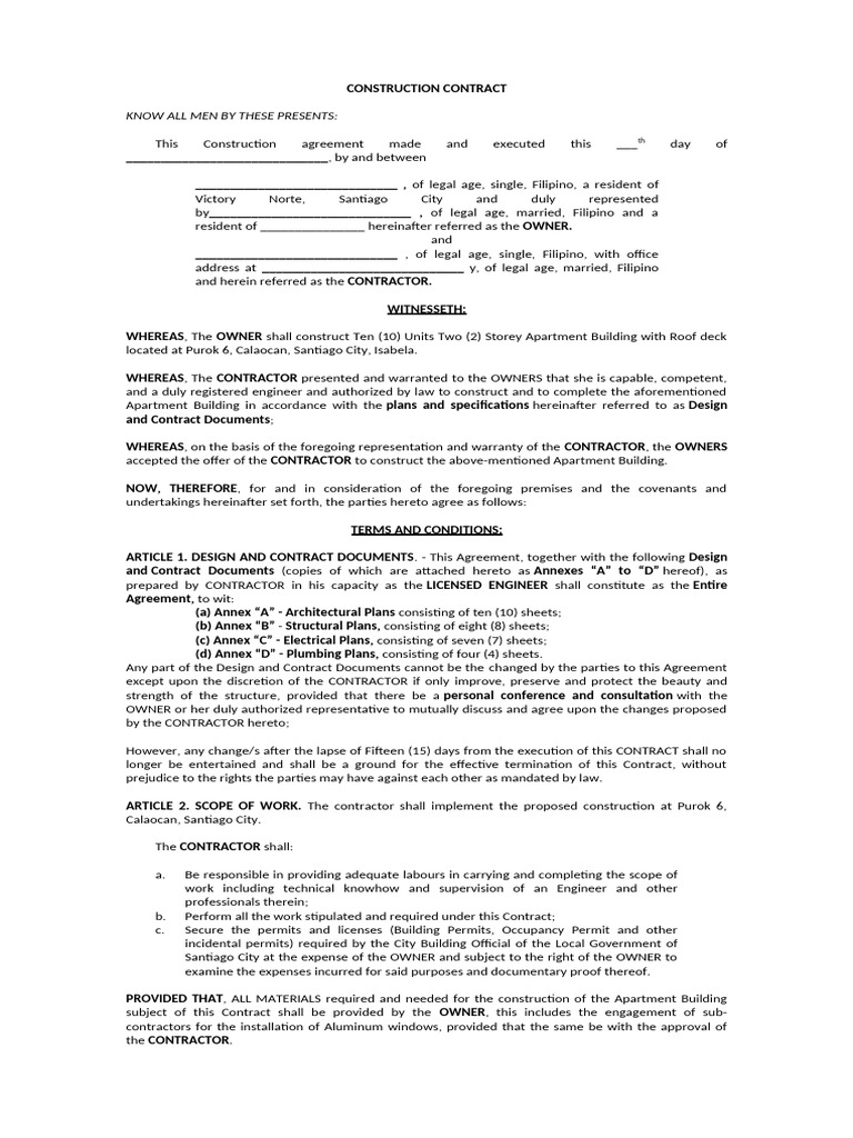 Construction Contract 1 | PDF | Inflation | Private Law