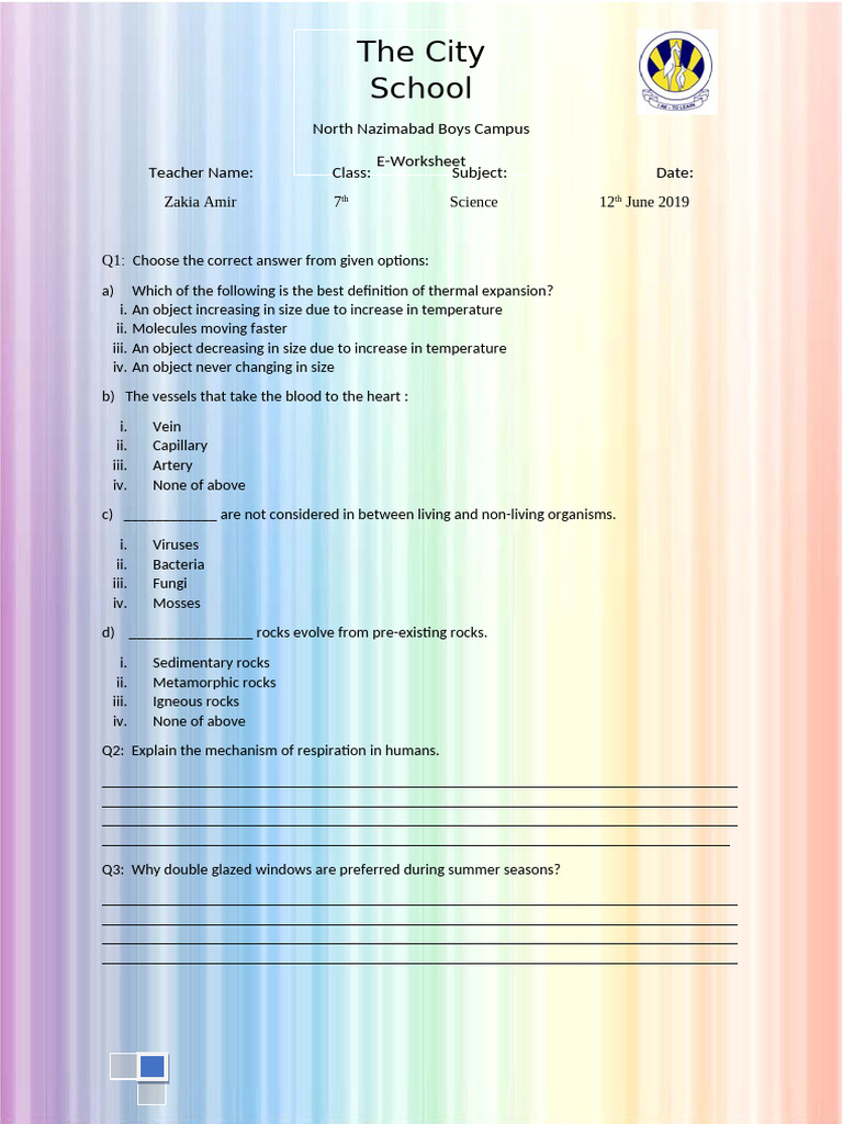 Science Class 8 Summer Vacation Worksheet 5 | PDF