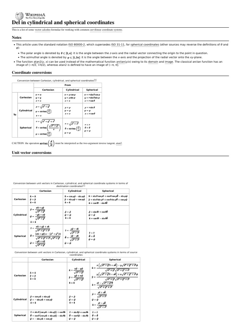 Del in Cylindrical and Spherical Coordinates - Wikipedia | PDF ...