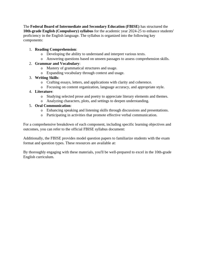 10th Grade English Syllabus 2024-25 | PDF | Reading Comprehension ...