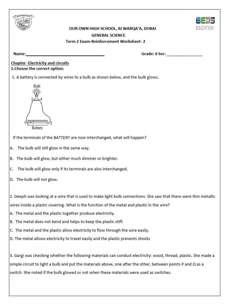 Science Reinforcement Worksheet 2-Term 2 Examination | PDF | Magnet | Electricity