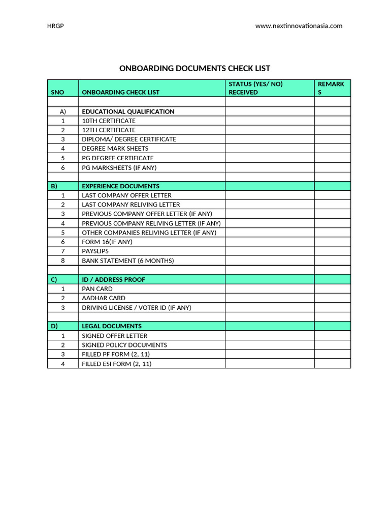 Employee Onboarding Document Checklist | PDF