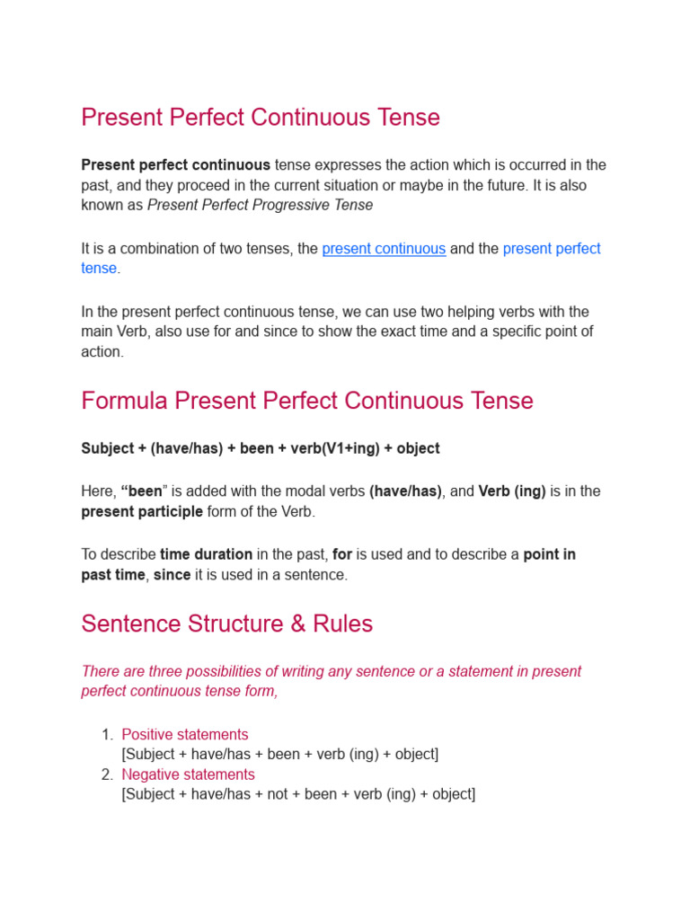 Present Perfect Continuous Tense | PDF | Perfect (Grammar) | Grammatical Tense
