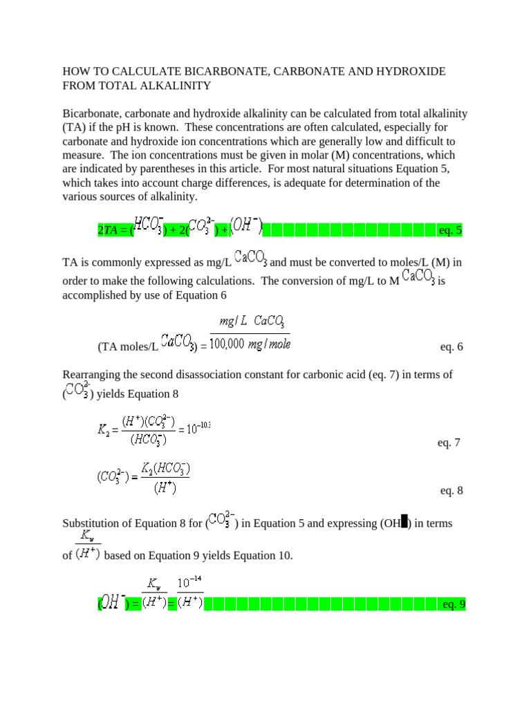 How To Calculate Bicarbonate, Carbonate and Hydroxide From Total Alkalinity | PDF | Alkalinity ...