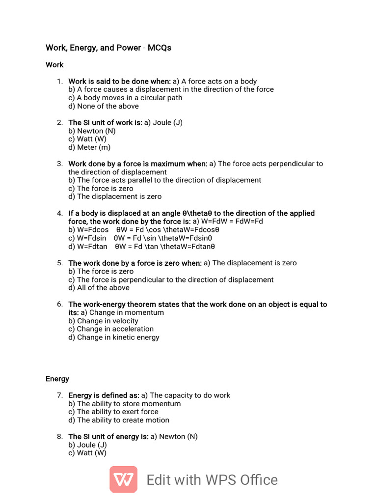 Work Energy and Power MCQ 11 | PDF | Force | Kinetic Energy