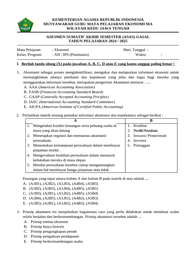 B. SOAL ASAS EKO XII 2024-2025 GANJIL ok | PDF