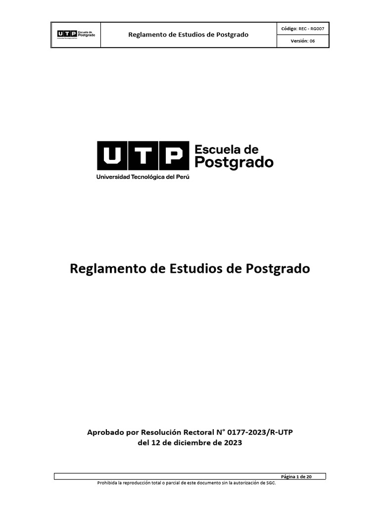 Reglamento Postgrado UTP | PDF | Plan de estudios | Educación a distancia