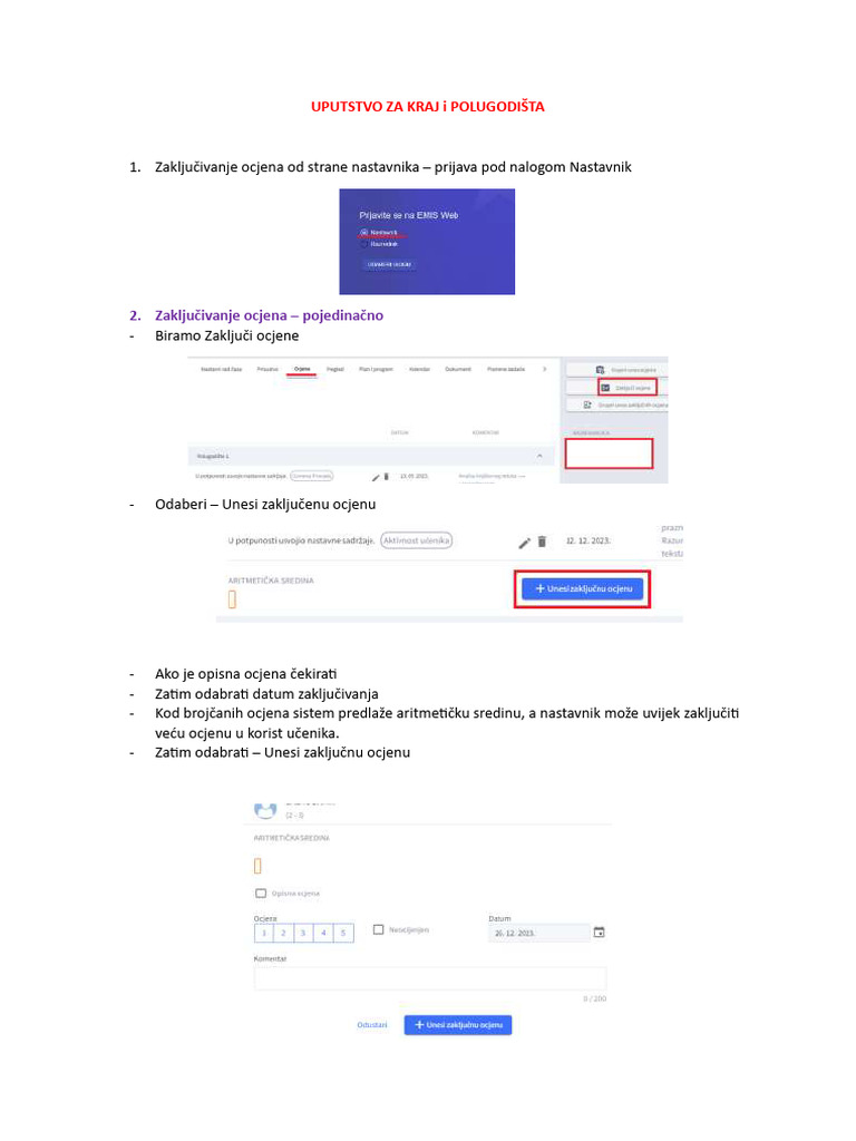 Zaključivanje Ocjena - Pojedinačno: Uputstvo Za Kraj I Polugodišta | PDF