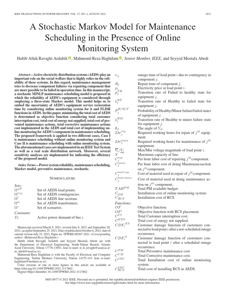 A Stochastic Markov Model For Maintenance Scheduling in The Presence of Online Monitoring System ...