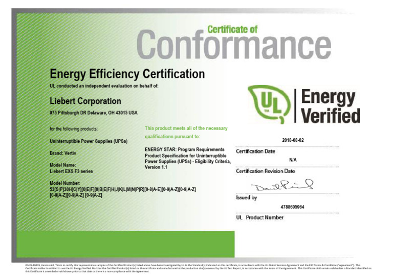 UL Energy Certification for Liebert UPS | PDF