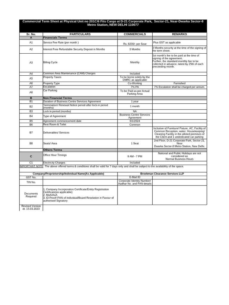 Term Sheet - Co-Working - 2nd Floor - Fits Cargo | PDF