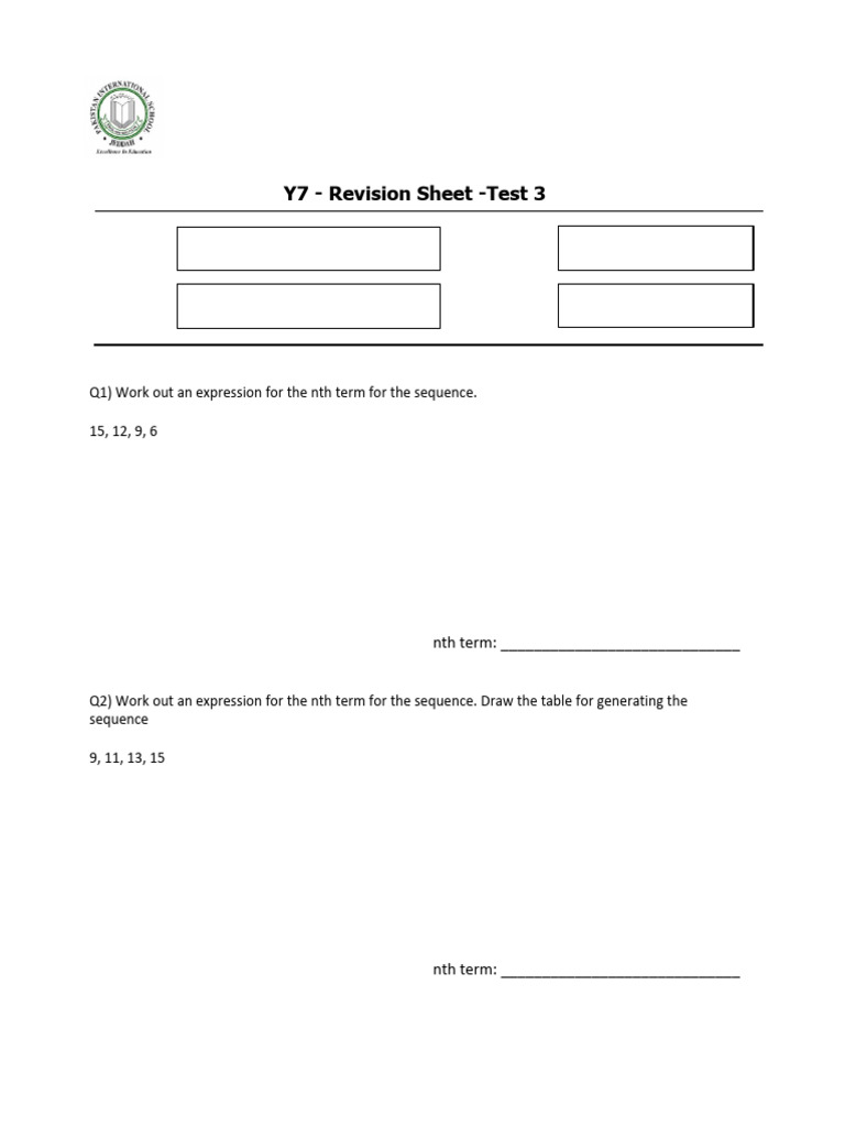 4 104746 YEAR7-TEST3-Revisionsheet | PDF | Mathematics