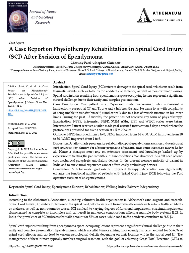 A Case Report on Physiotherapy Rehabilitation in Spinal Cord Injury SCI After Excision of ...
