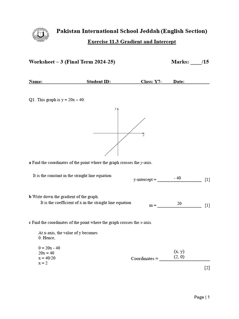 Y7 Gradient & Intercept Worksheet | PDF | Mathematical Objects ...