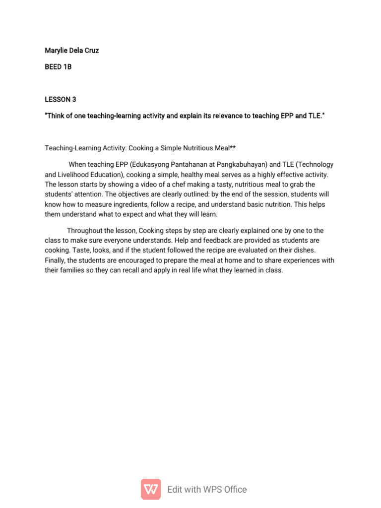 Effective Teaching in EPP and TLE | PDF | Learning | Cooking