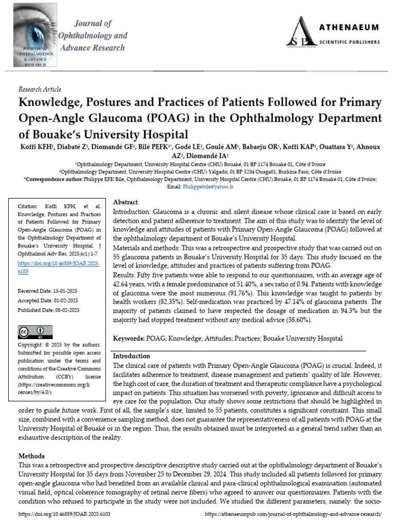 Knowledge Postures and Practices of Patients Followed For Primary Open Angle Glaucoma POAG | PDF ...