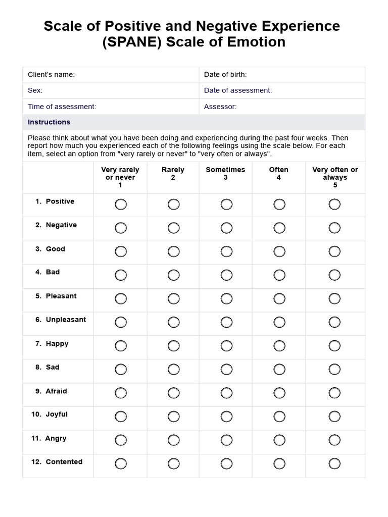 SPANE Scale of Emotions Assessment | PDF