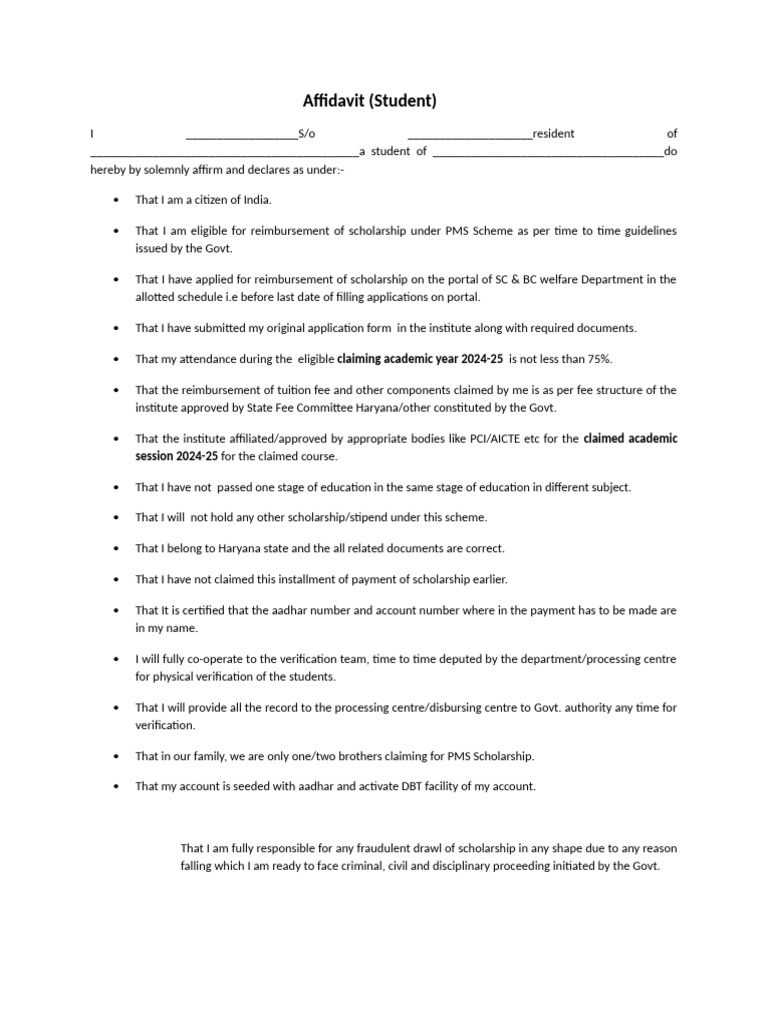 Affadavit Student 2024-25 | PDF | Affidavit