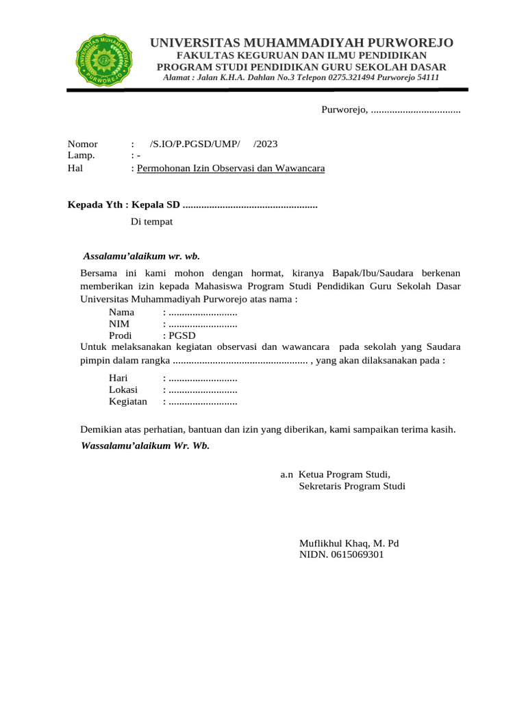 1.format Surat Ijin Observasi Dan Wawancara | PDF