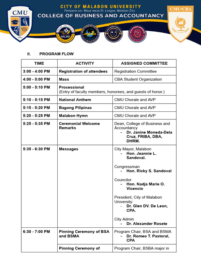 CBA Coating and Pinning Ceremony PROGRAM FLOW | PDF