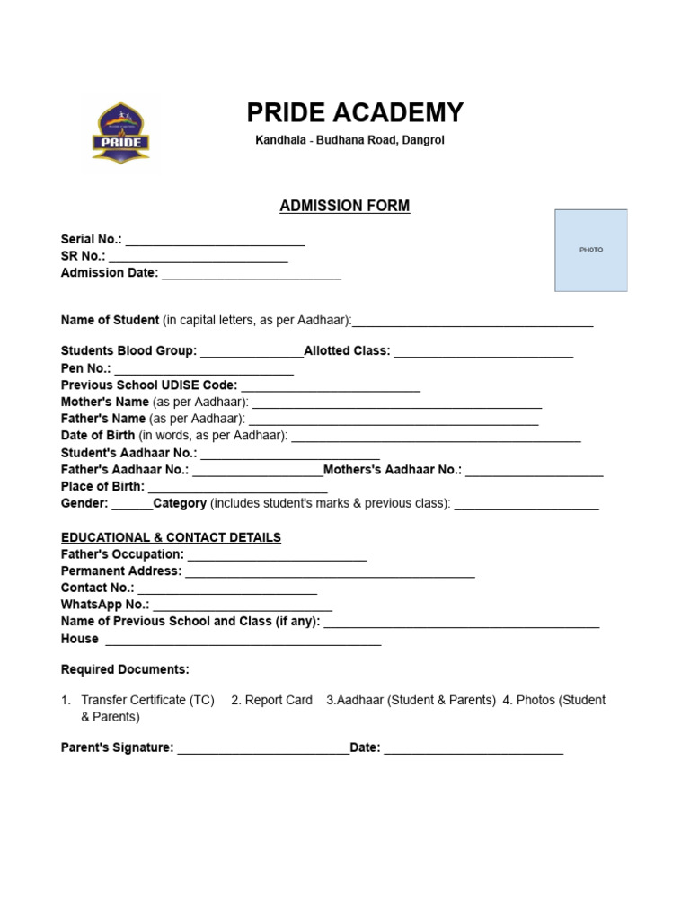 Admission Form for Pride Academy | PDF