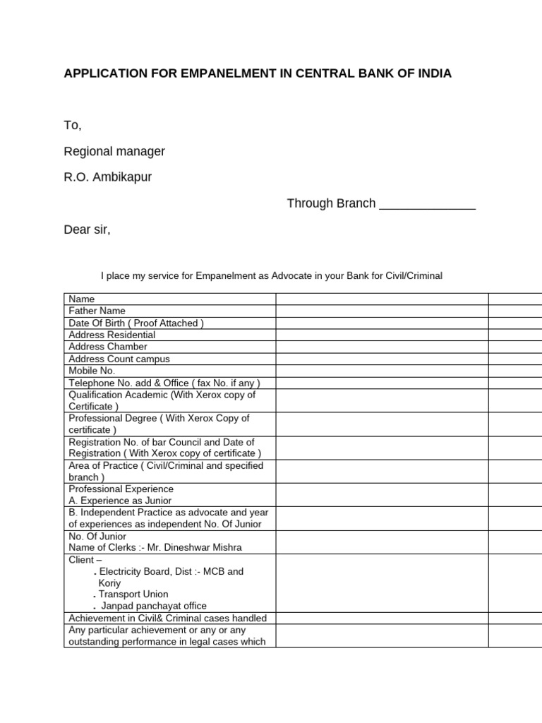 Application For Empanelment in Central Bank of India | PDF | Advocate ...