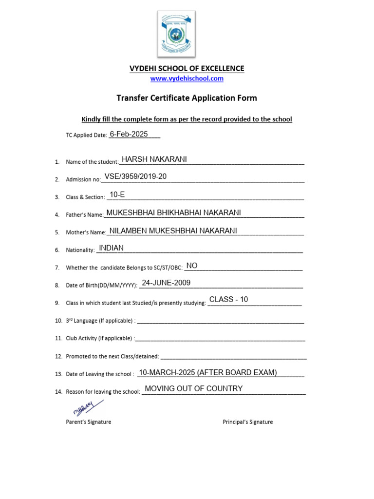 TC Application Form Harsh | PDF