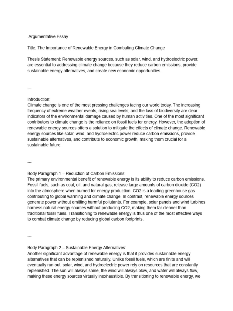 Argumentative Essay | PDF | Renewable Energy | Sustainable Energy