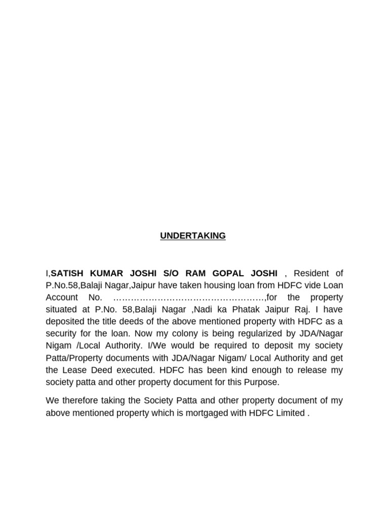UNDERTAKING (HDFC) Bank Format | PDF