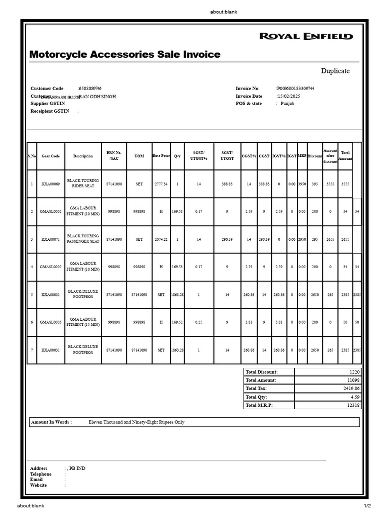 Motorcycle Accessories Sale Invoice | PDF | Motorcycling