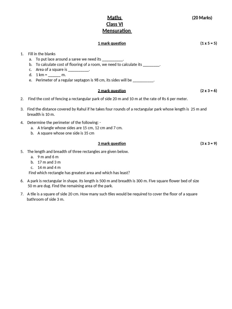 Maths Class VI Mensuration: (20 Marks) | PDF
