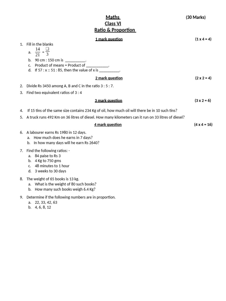 Class VI Maths: Ratio & Proportion Quiz | PDF