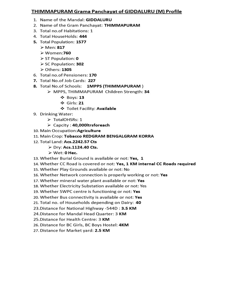 Thimmapuram Panchayat Profile Overview | PDF