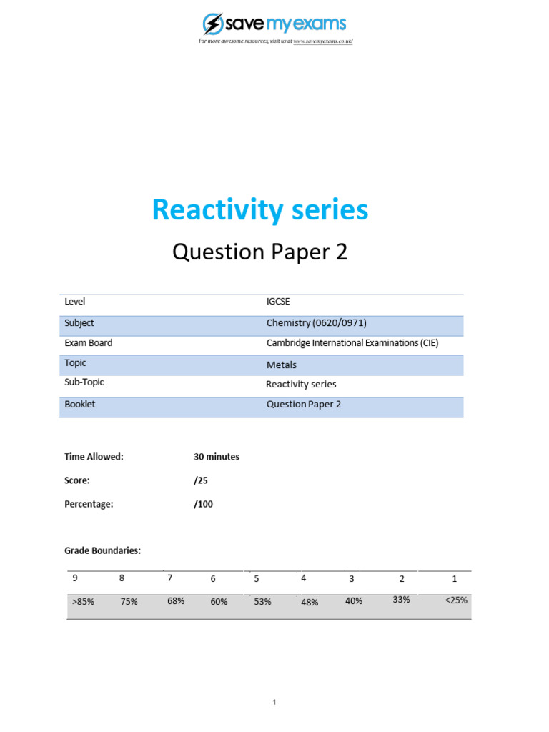 IGCSE Chemistry: Reactivity Series Quiz | PDF | Student Assessment And ...