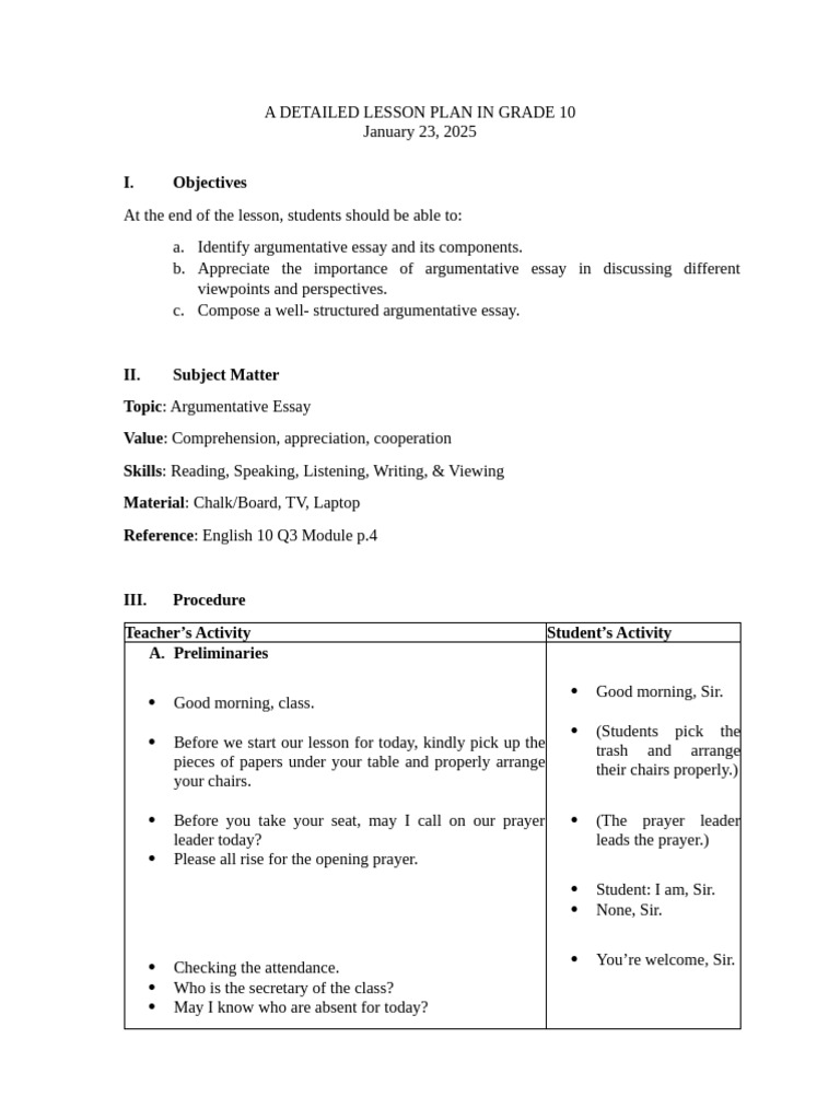 Grade 10 Argumentative Essay Lesson Plan | PDF | Human Evolution ...