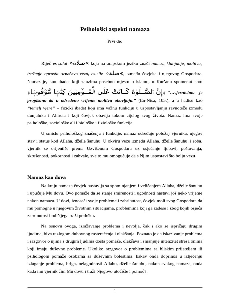 Psihološki Aspekti Namaza - 1. Dio | PDF