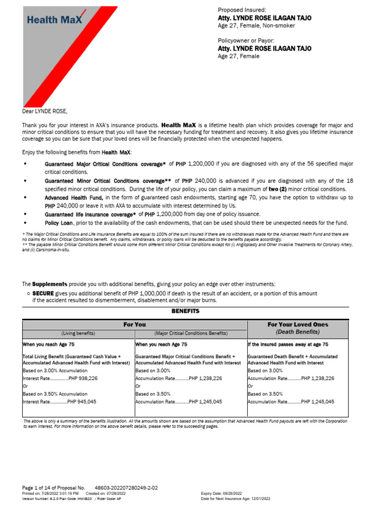 AXA Health MaX Insurance Proposal Summary | PDF | Coronary Artery ...