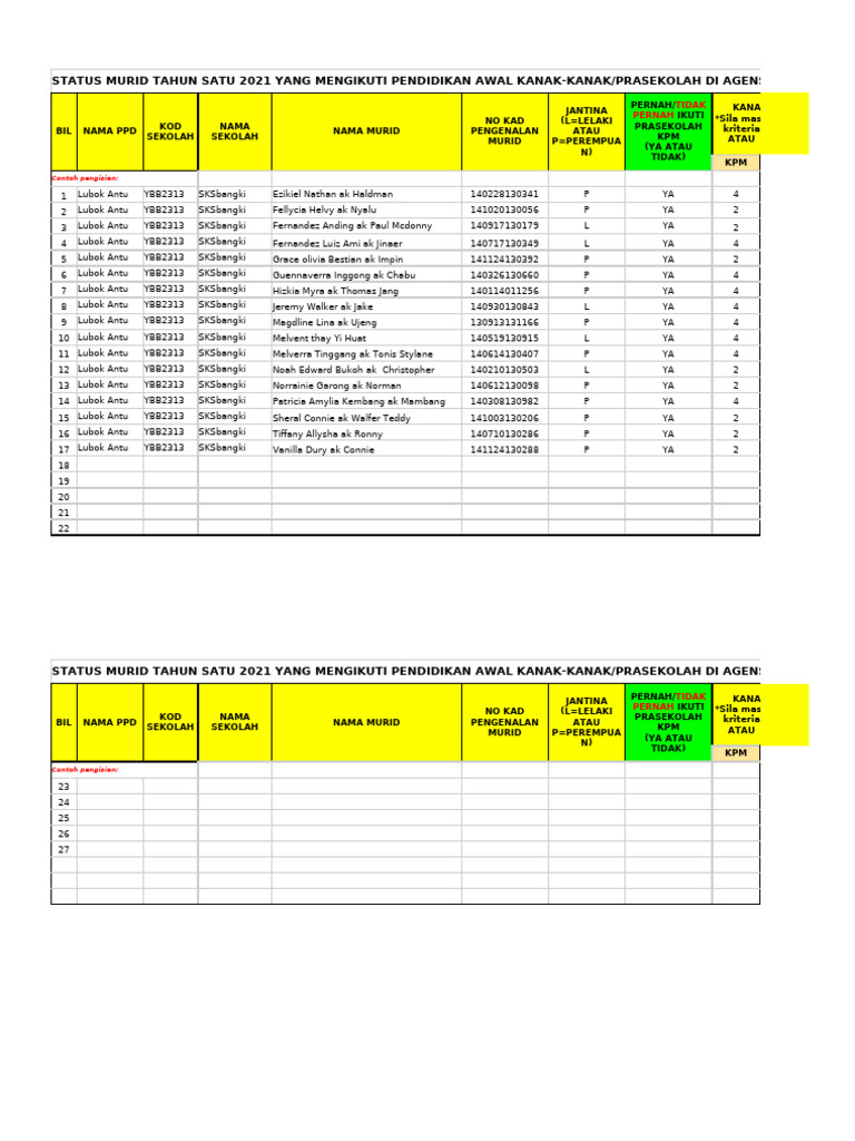 Borang Status Murid Tahun Satu 2021 - Pengisian Sekolah | PDF