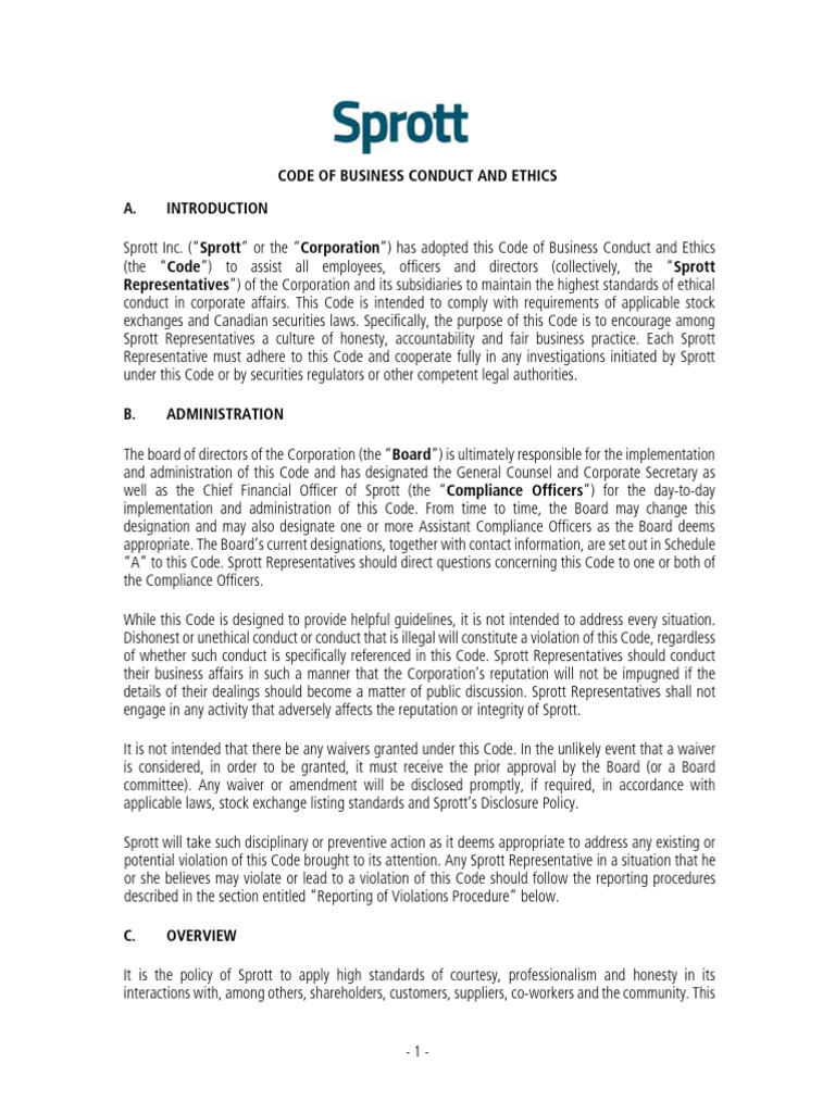 2023 Sprott COC | PDF | Trade Secret | Conflict Of Interest