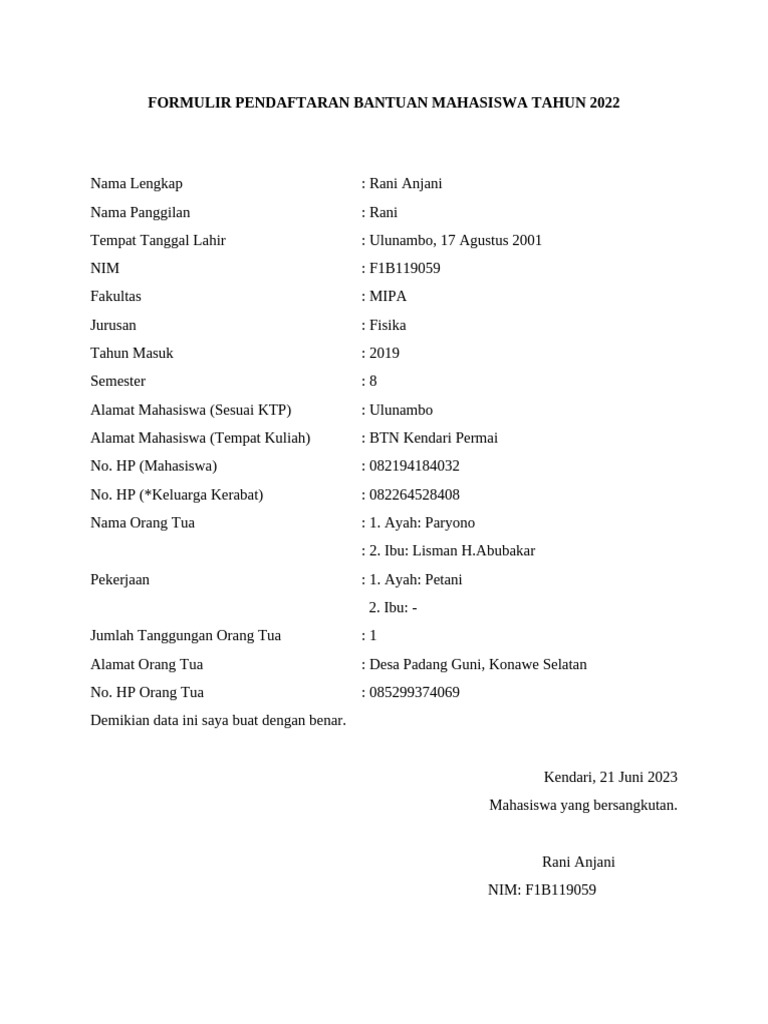 Permohonan Beasiswa Rani Anjani 2022 | PDF