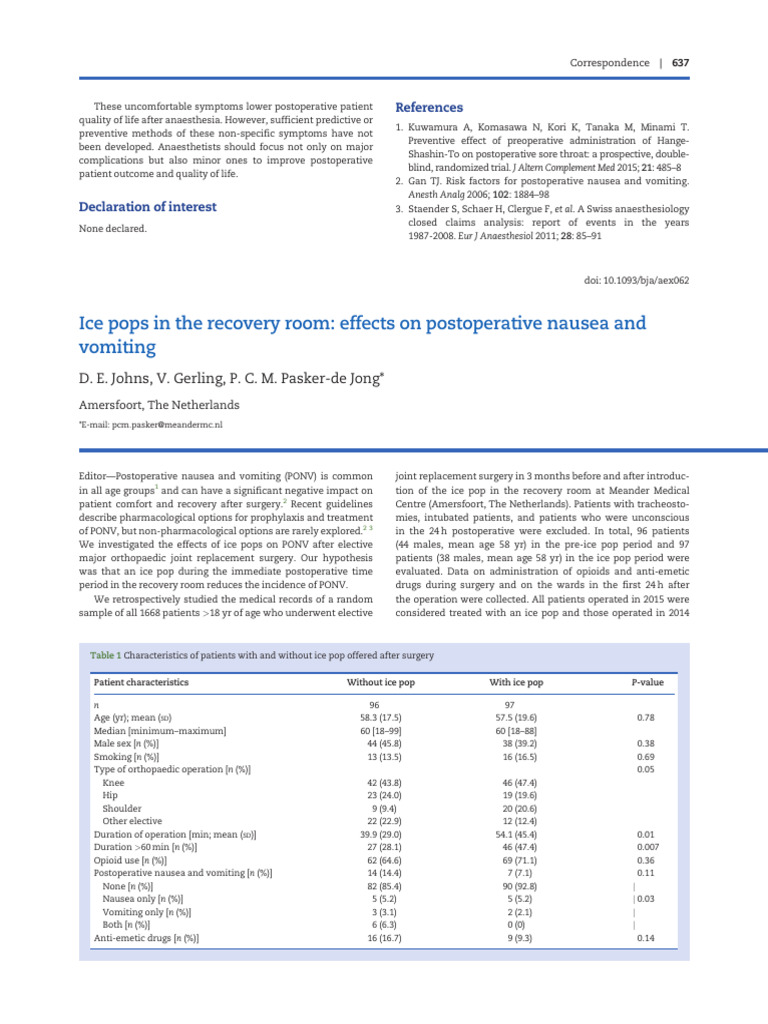 Paletas de Hielo para Nauseas y Vómitos Postoperatorios | PDF | Medicine | Clinical Medicine