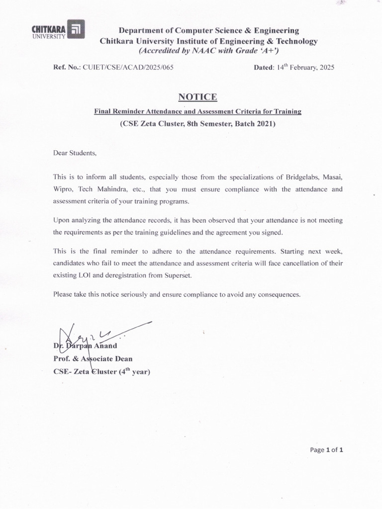 Notice 65 - Final Reminder Attendance and Assesment Criteria For ...