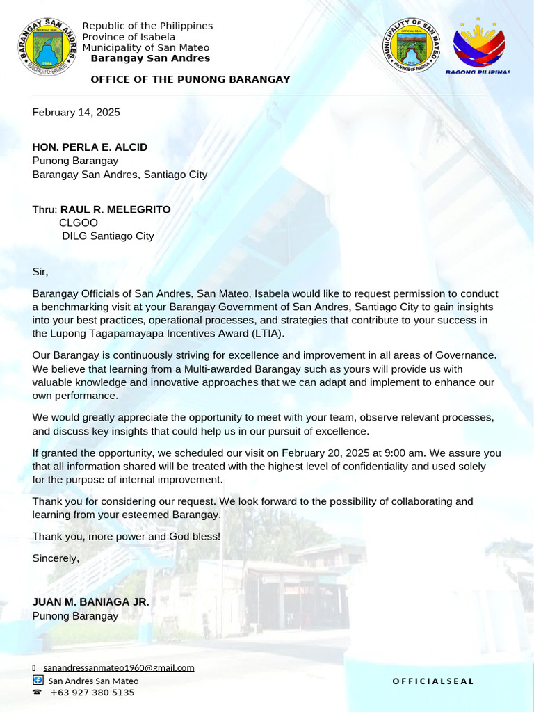 Benchmarking Request to Barangay San Andres | PDF
