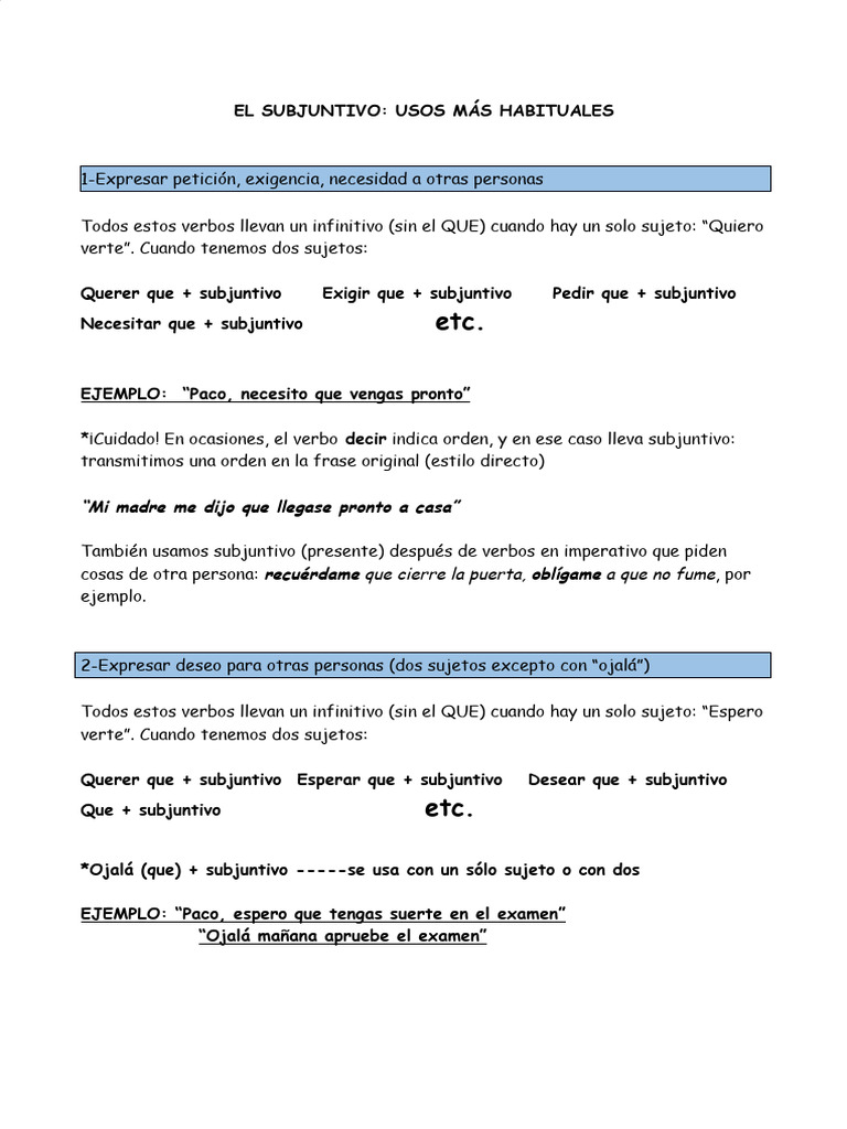 EL SUBJUNTIVO - USOS MaS HABITUALES | PDF | Verbo | Lingüística