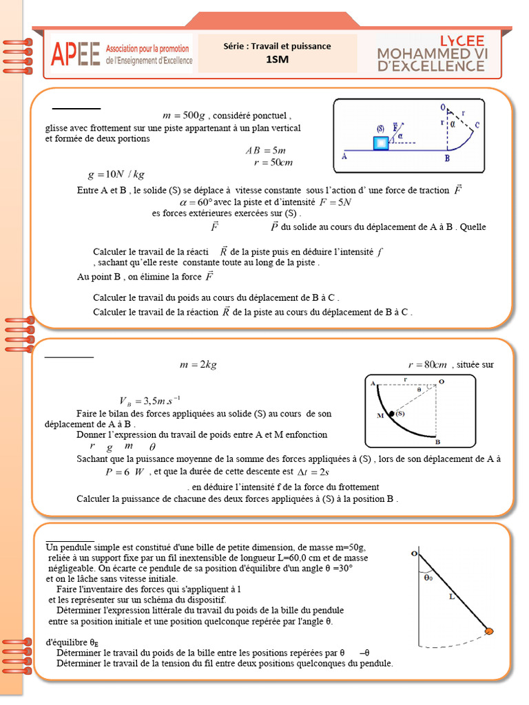 Série Travail Et Puissance 1SM - 2024-2025 | PDF | Pendule (physique) | Puissance (physique)