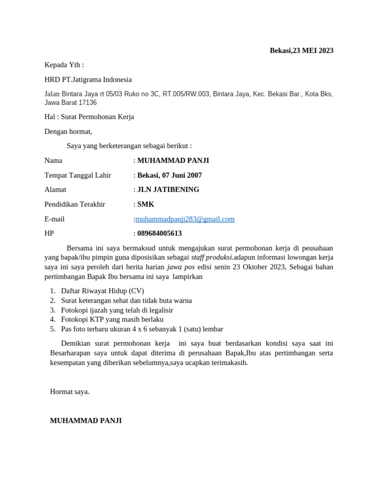 Surat Lamaran Kerja Muhammad Panji | PDF